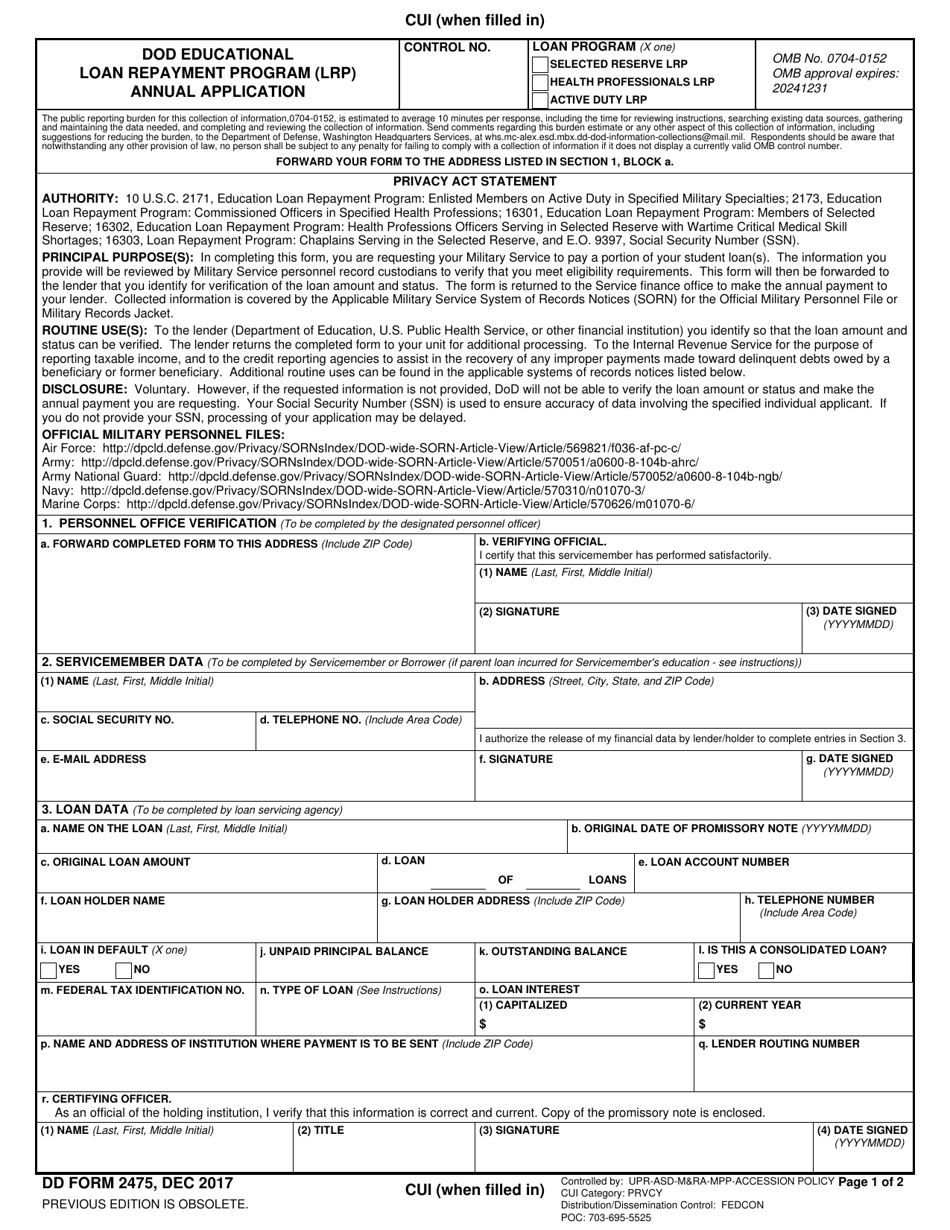 DD Form 2475 Download Fillable PDF or Fill Online DoD Educational Loan ...