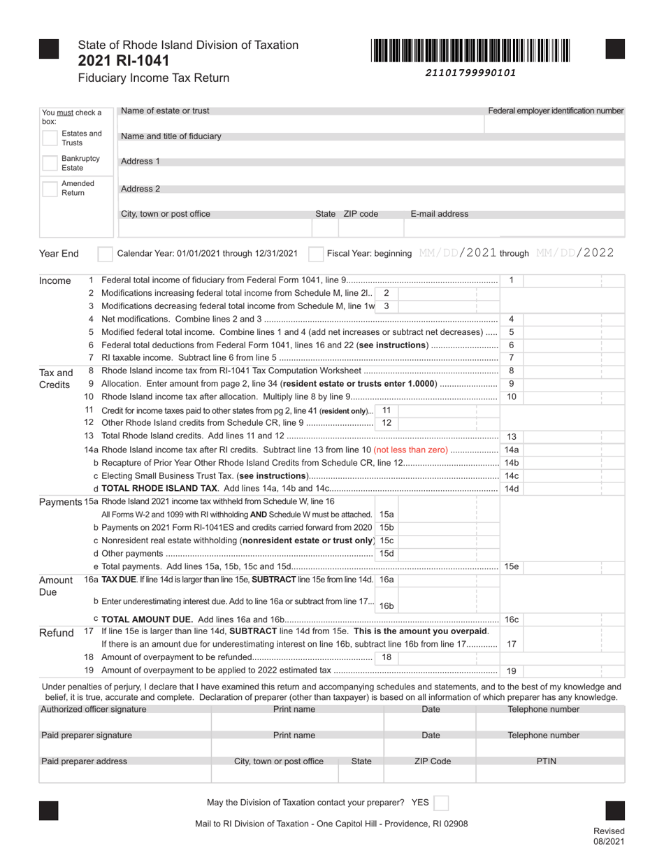 Form RI-1041 - 2021 - Fill Out, Sign Online and Download Fillable PDF, Rhode Island | Templateroller