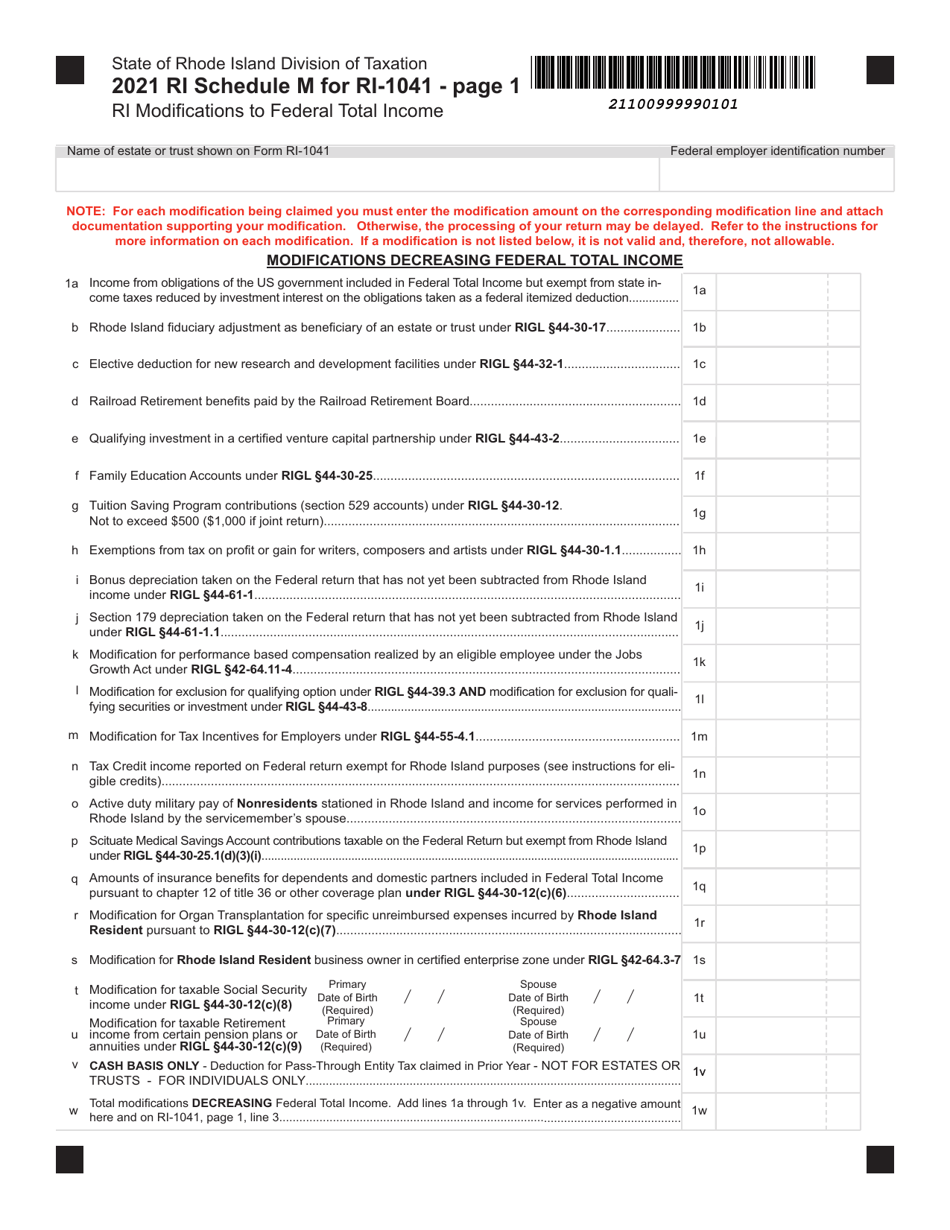 Form RI-1041 Schedule M - 2021 - Fill Out, Sign Online and Download Fillable PDF, Rhode Island ...