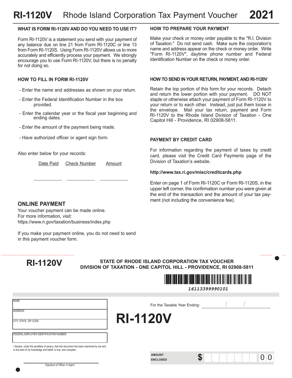 Form RI-1120V - 2021 - Fill Out, Sign Online and Download Fillable PDF, Rhode Island ...