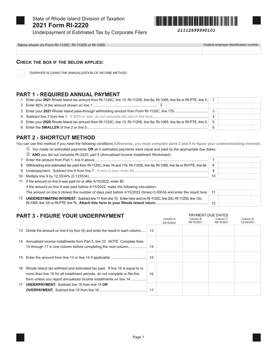 Form RI-2220 - 2021 - Fill Out, Sign Online and Download Fillable PDF, Rhode Island | Templateroller