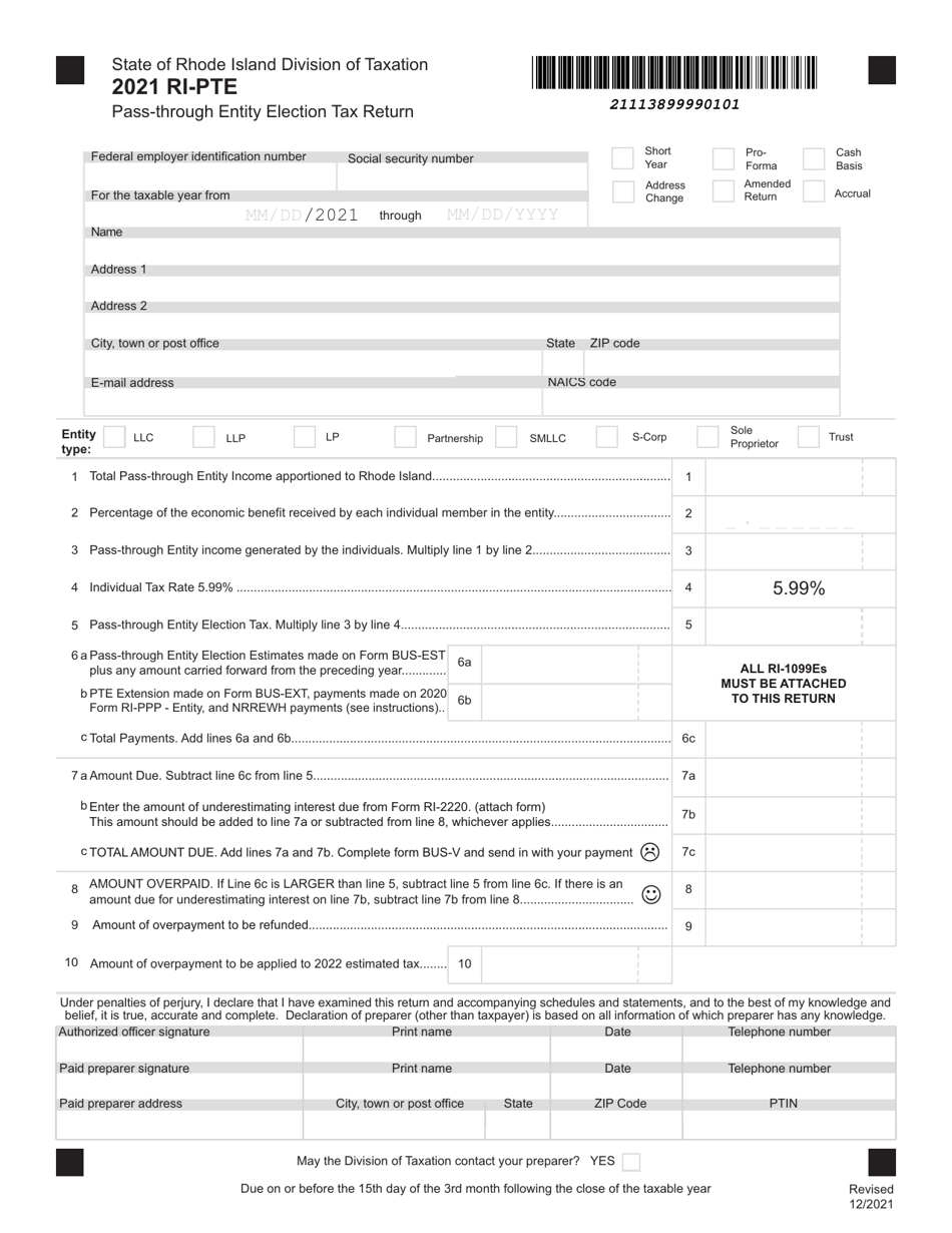 Form RI-PTE - 2021 - Fill Out, Sign Online and Download Fillable PDF, Rhode Island | Templateroller