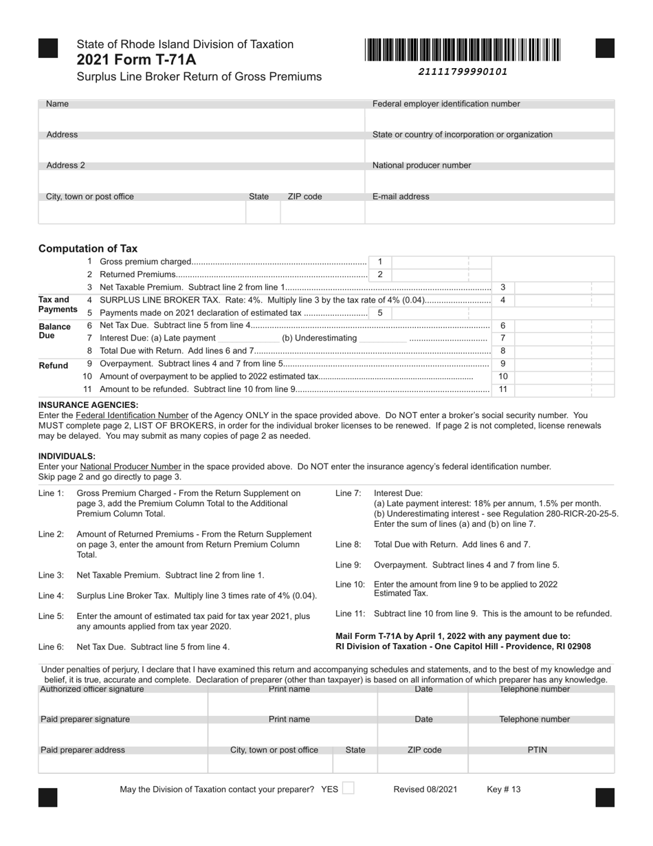 Form T-71A - 2021 - Fill Out, Sign Online and Download Fillable PDF, Rhode Island | Templateroller