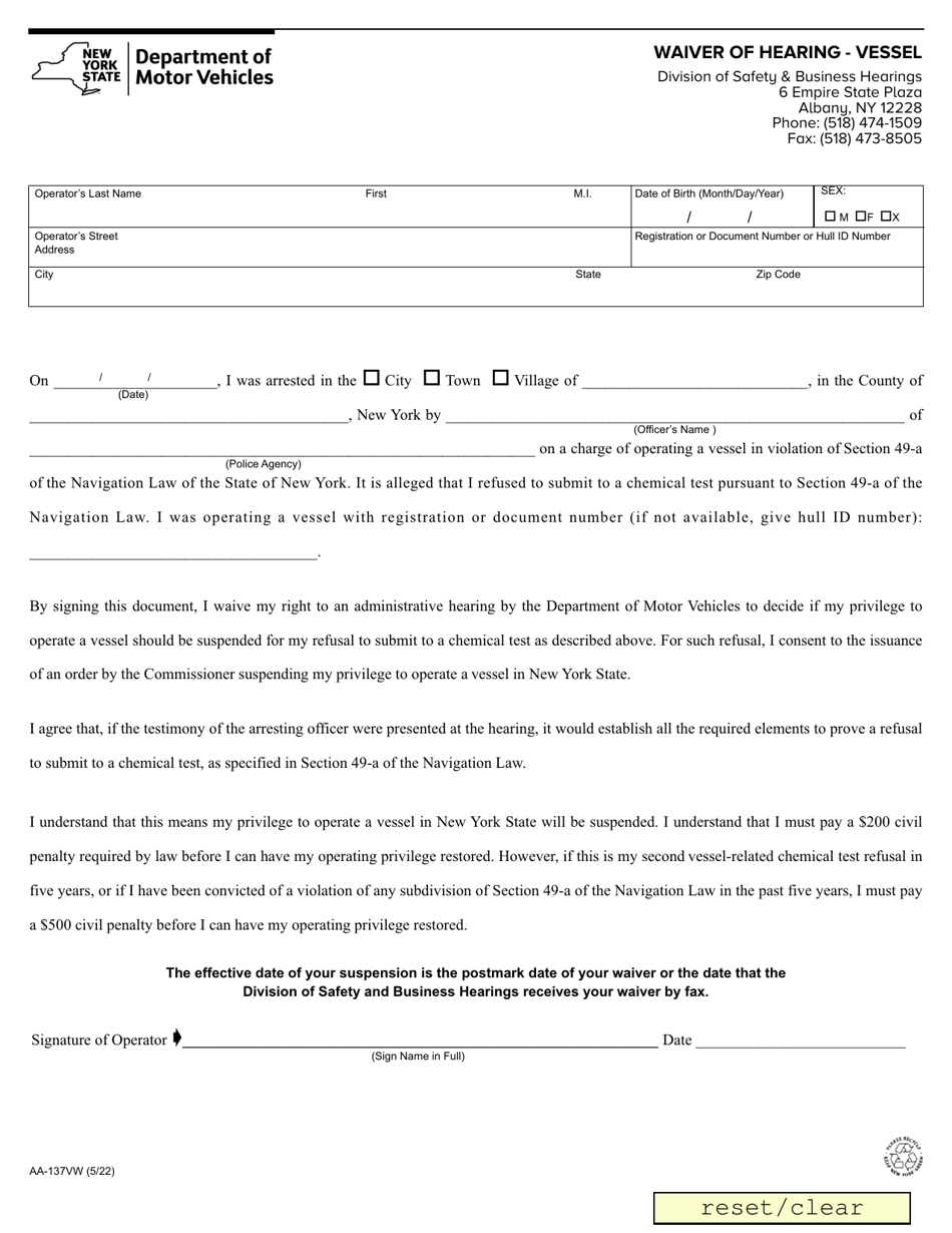 Form AA-137VW Download Fillable PDF or Fill Online Waiver of Hearing ...