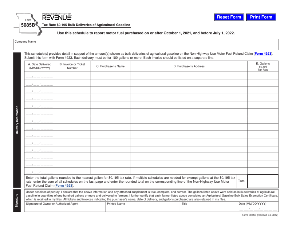 Form 5085B Download Fillable PDF or Fill Online Tax Rate $0.195 Bulk ...