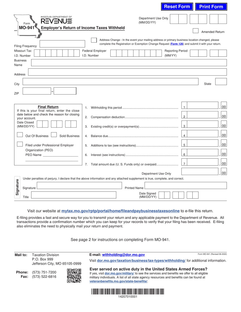 Form MO-941 Download Fillable PDF or Fill Online Employer's Return of ...