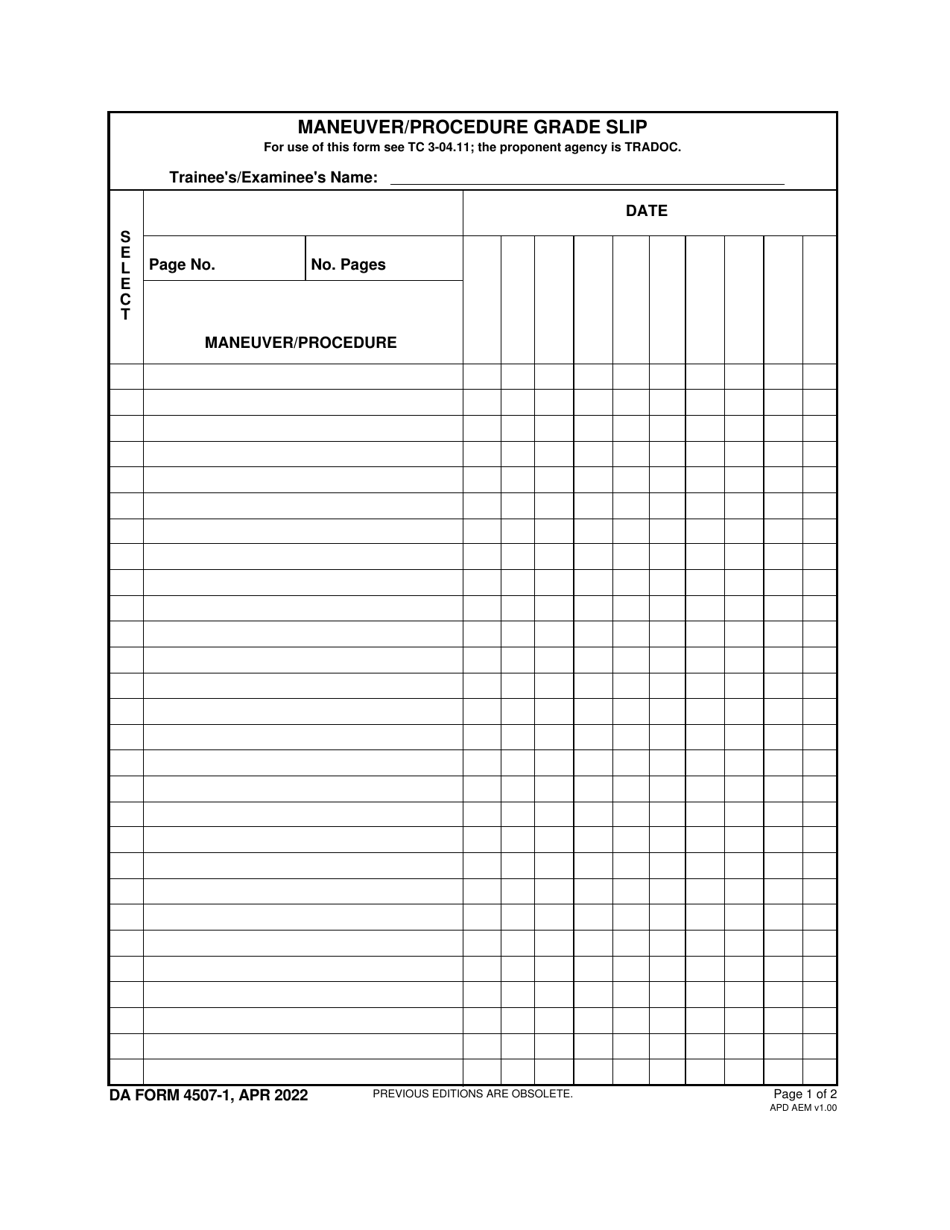 DA Form 4507-1 Download Fillable PDF or Fill Online Maneuver/Procedure ...