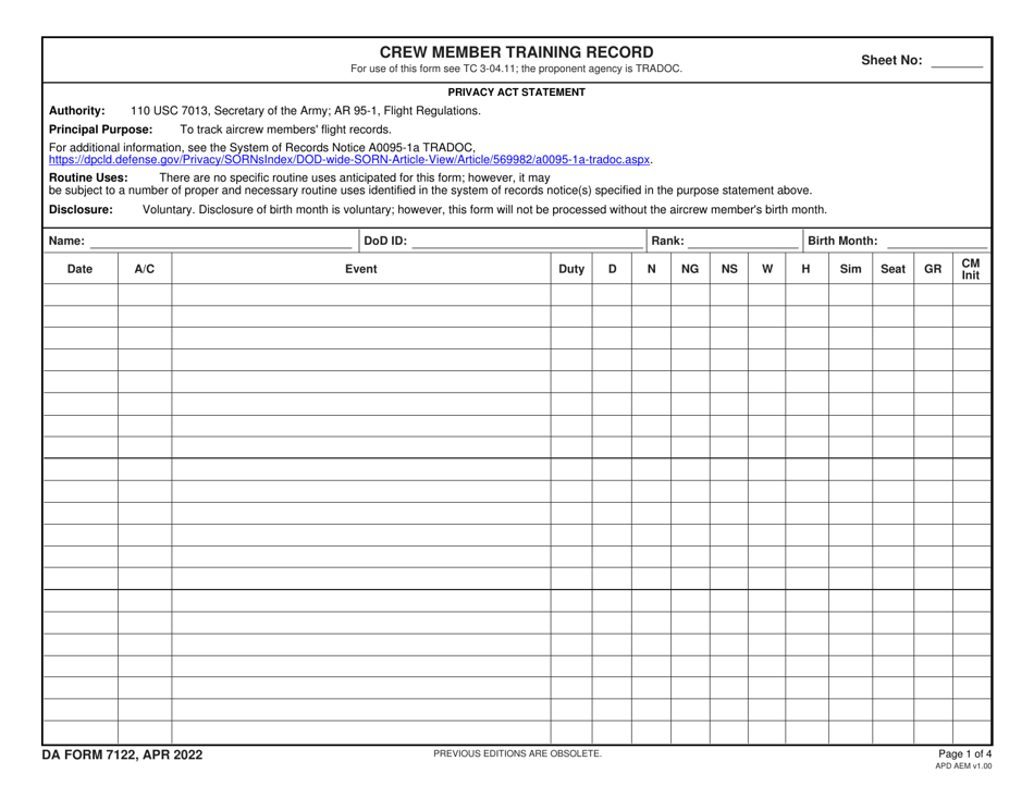 Da Form 7122 R Fillable - Printable Forms Free Online
