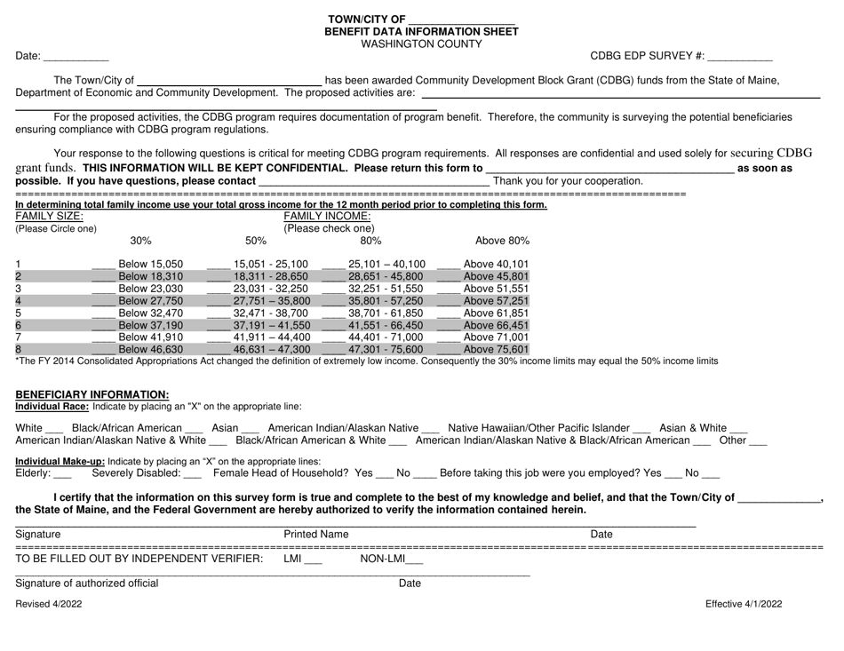 Maine Edp Benefit Data Information Sheet - Washington County - Fill Out ...