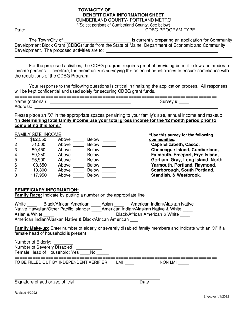 Maine Benefit Data Information Sheet - Cumberland County - Portland ...