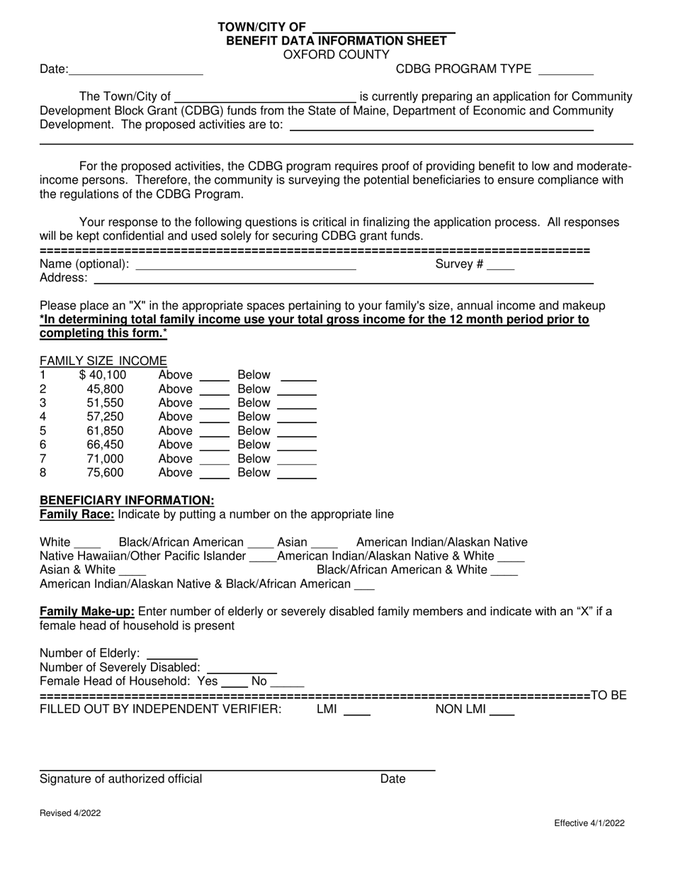 Maine Benefit Data Information Sheet - Oxford County - Fill Out, Sign ...
