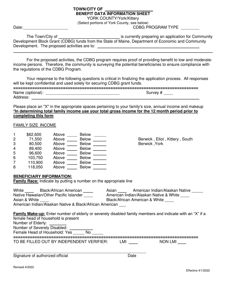 Maine Benefit Data Information Sheet - York County - Kittery - Fill Out, Sign Online and ...