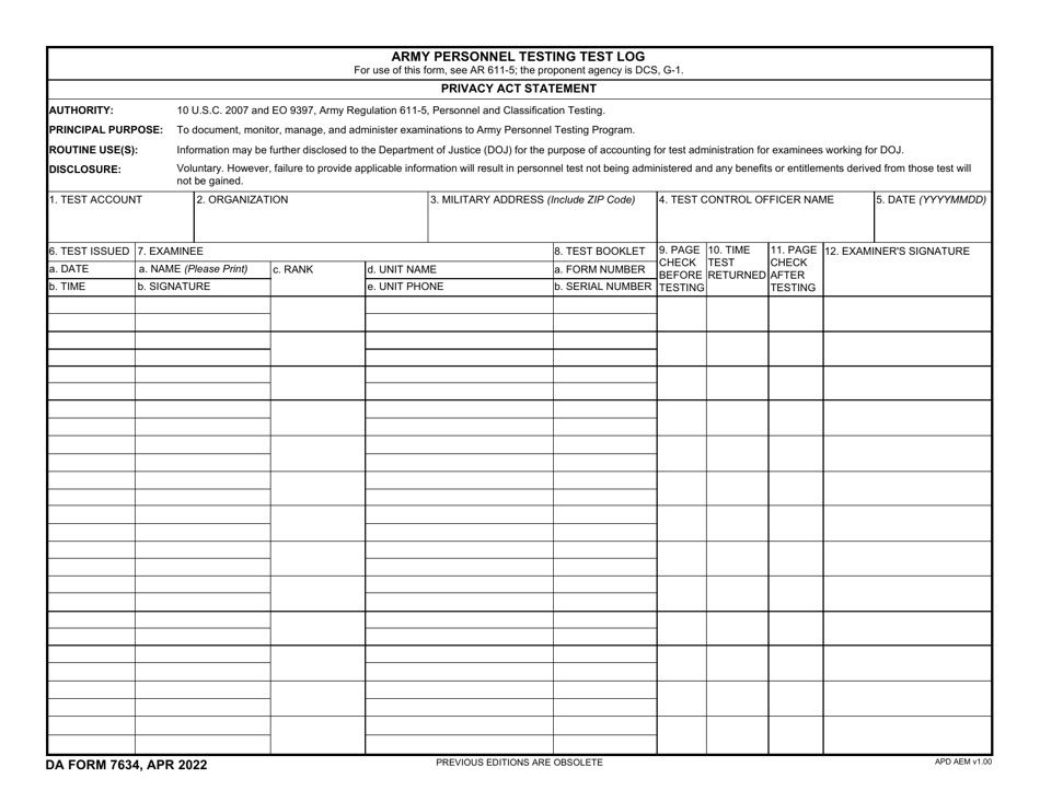 DA Form 7634 Download Fillable PDF or Fill Online Army Personnel ...