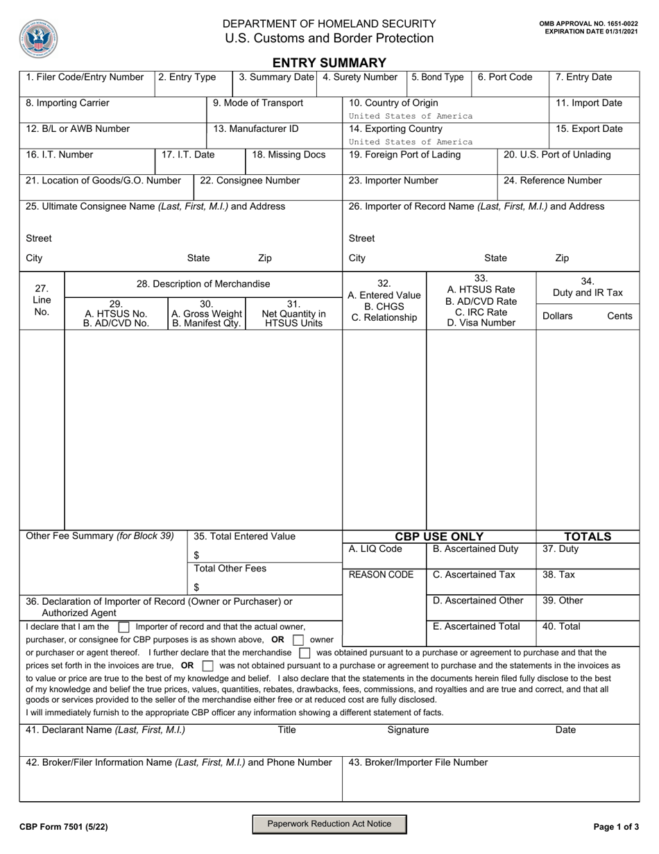 CBP Form 7501 Download Fillable PDF or Fill Online Entry Summary ...