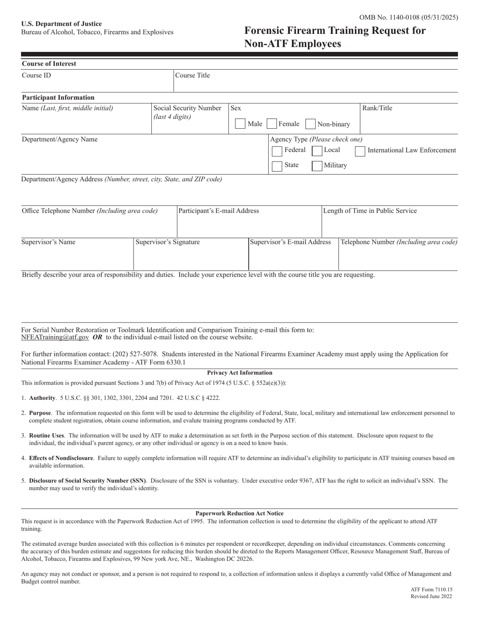 ATF Form 7110.15 Download Fillable PDF or Fill Online Forensic Firearm ...