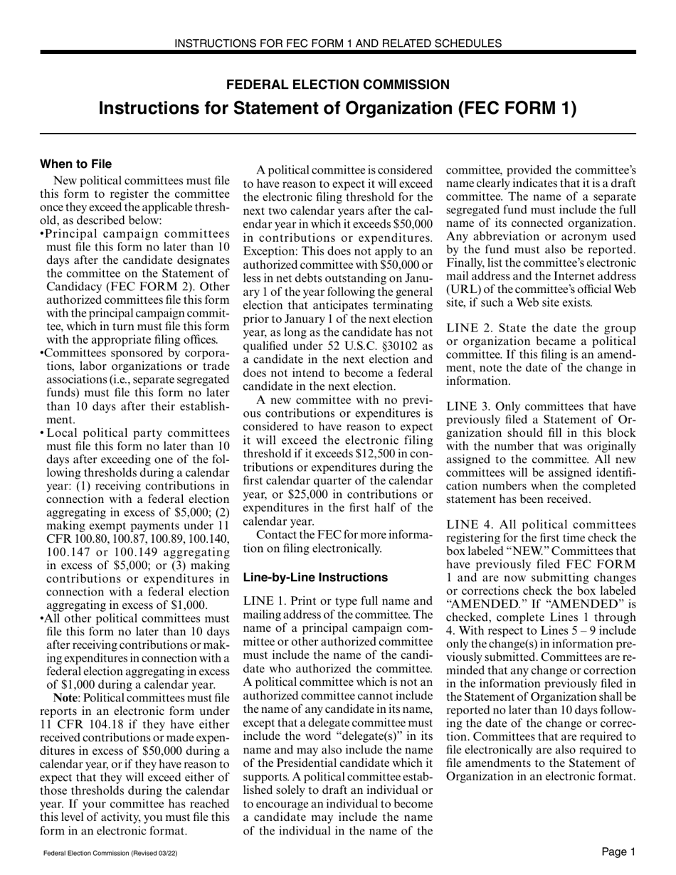 Download Instructions for FEC Form 1 Statement of Organization PDF 2009 ...