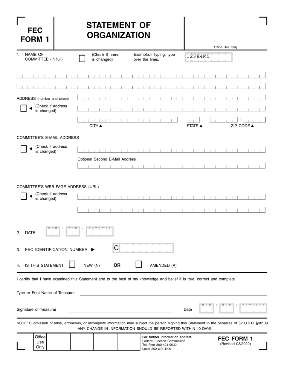 FEC Form 1 Download Fillable PDF or Fill Online Statement of ...