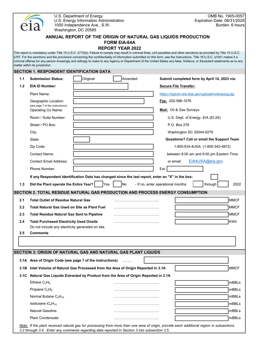 Form EIA-64A Download Printable PDF or Fill Online Annual Report of the ...