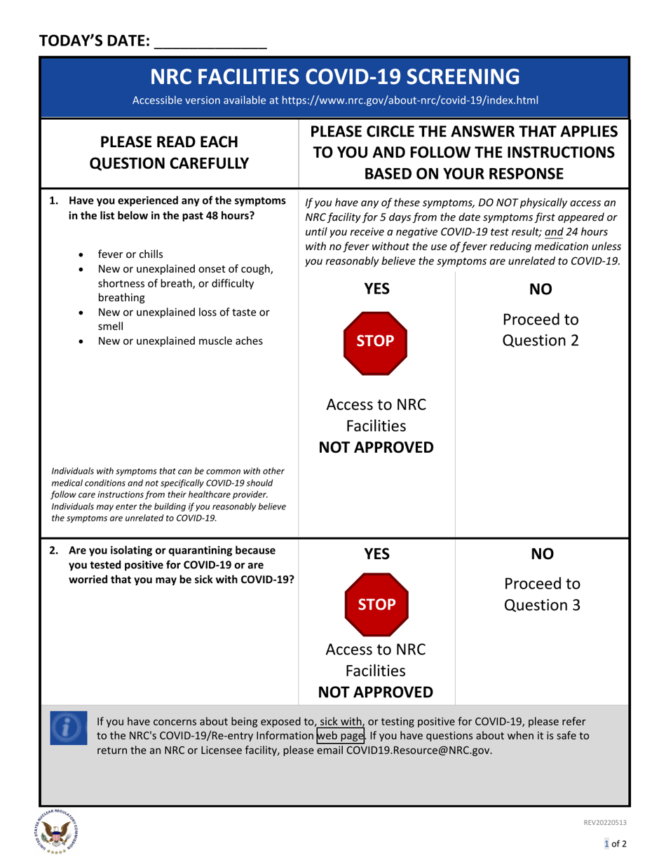 NRC Facilities Covid-19 Screening Download Printable PDF | Templateroller