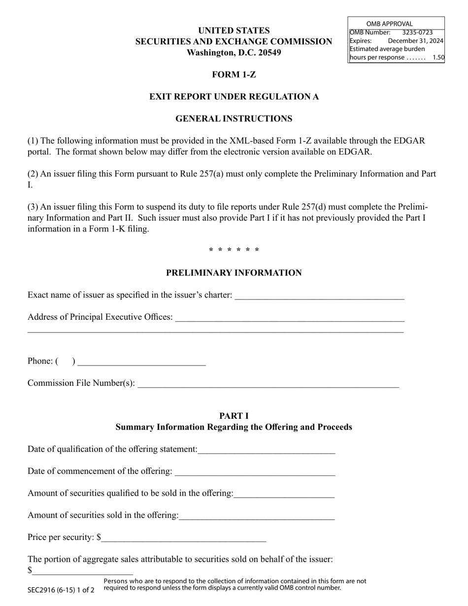 Form 1-Z (SEC Form 2916) - Fill Out, Sign Online and Download Printable ...