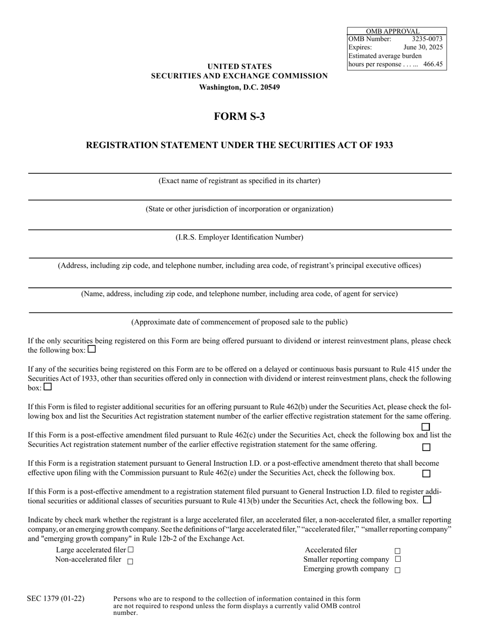 Form S-3 (SEC Form 1379) Download Printable PDF or Fill Online Registration Statement Under the ...