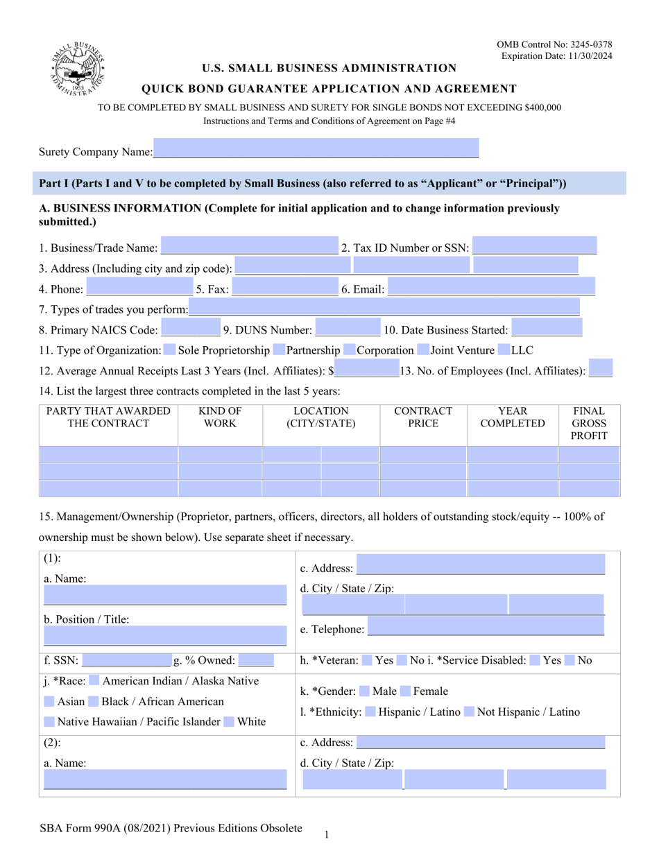 SBA Form 990A Download Fillable PDF or Fill Online Quick Bond Guarantee ...