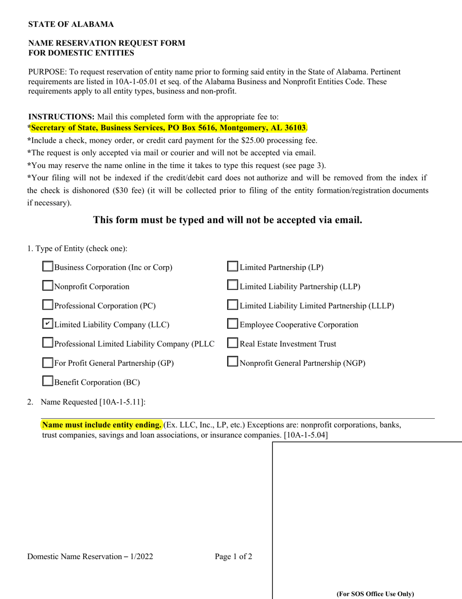 Alabama Name Reservation Request Form for Domestic Entities - Fill Out ...
