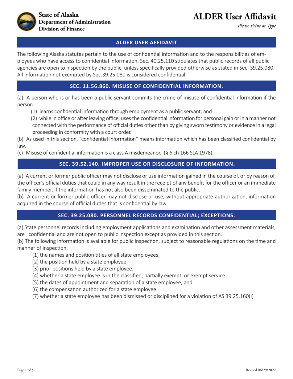 Alaska Alder User Affidavit Download Fillable PDF | Templateroller