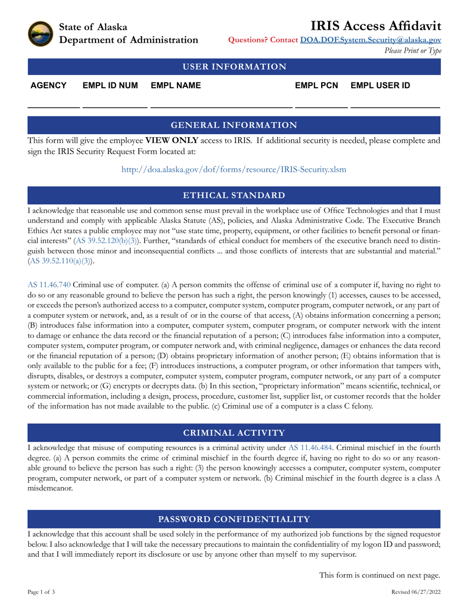 Alaska Iris Access Affidavit Download Fillable PDF | Templateroller