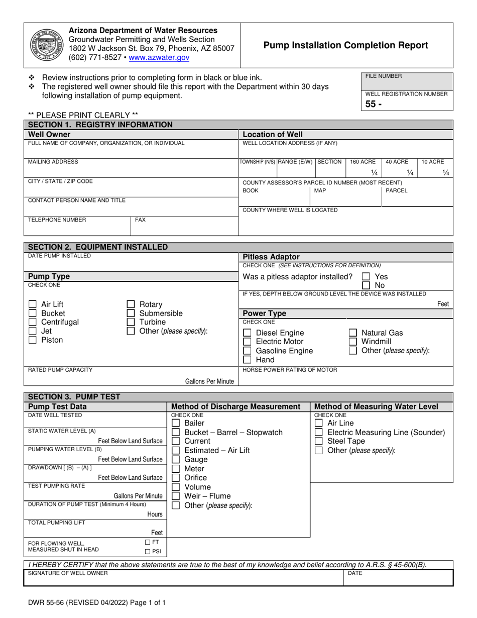 Form DWR55-56 Download Printable PDF or Fill Online Pump Installation Completion Report, Arizona ...