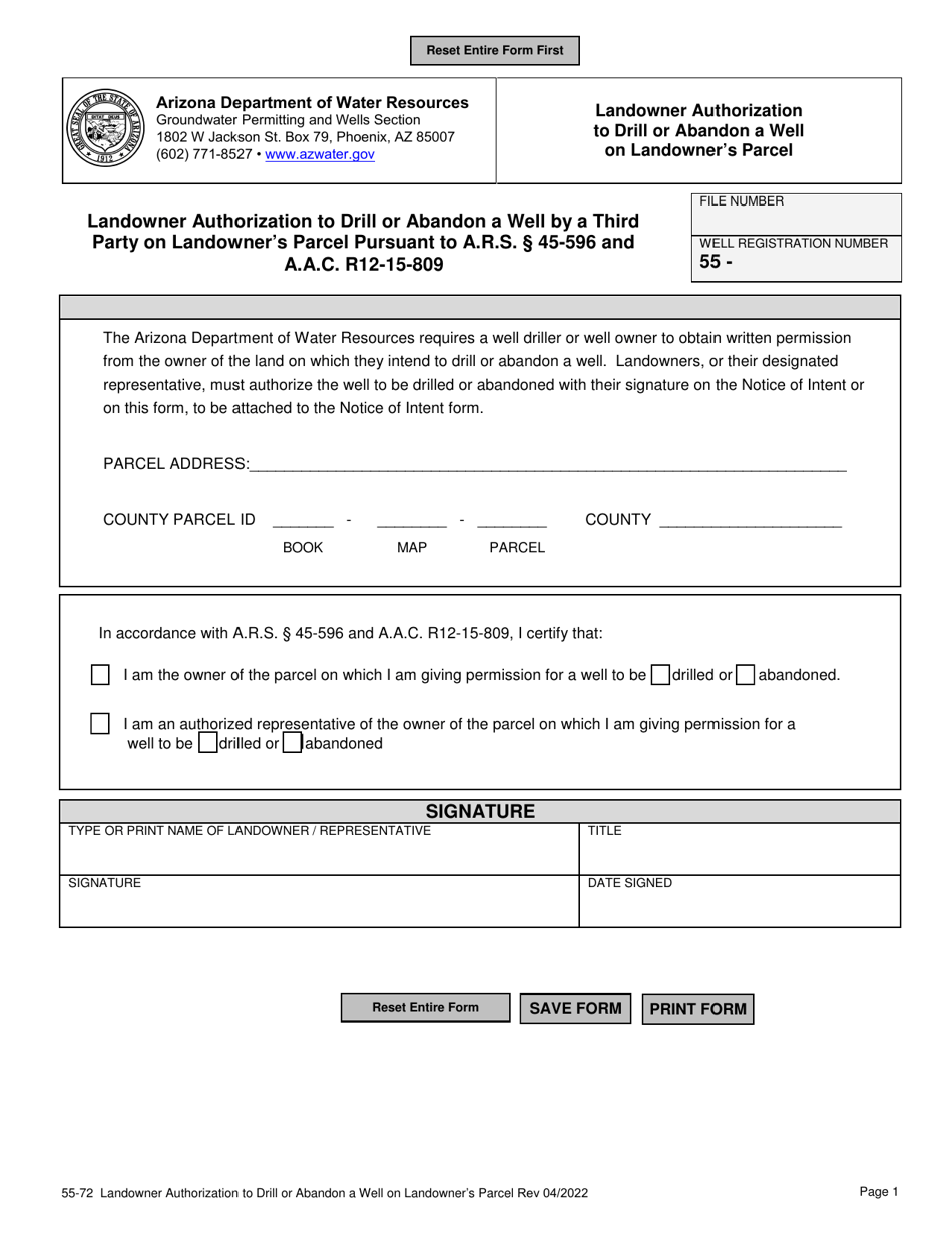 Form 55-72 Download Fillable PDF or Fill Online Landowner Authorization ...