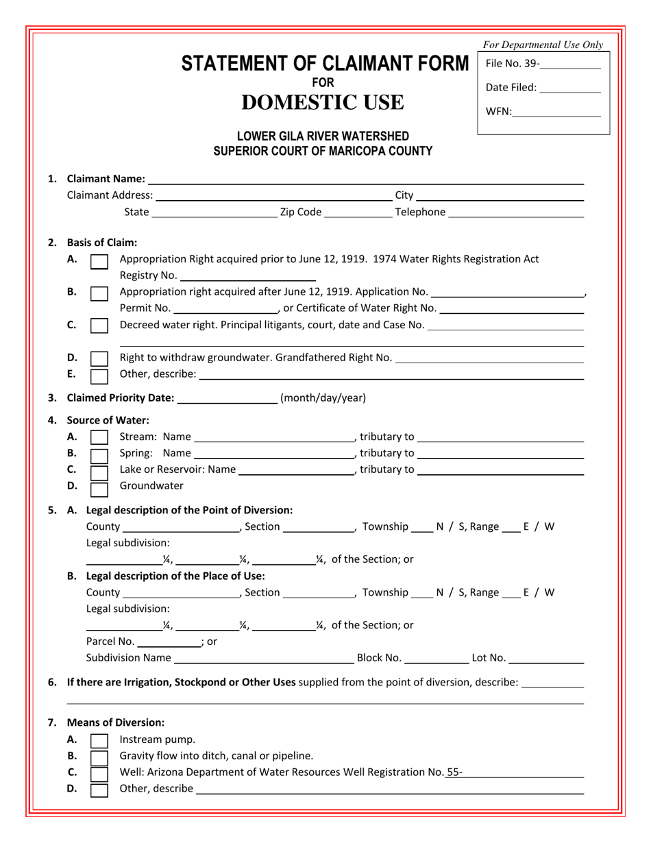 Arizona Statement of Claimant Form for Domestic Use - Lower Gila River ...