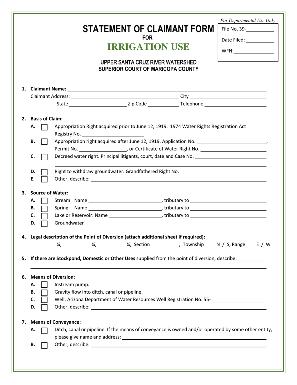 Arizona Statement of Claimant Form for Irrigation Use - Upper Santa ...