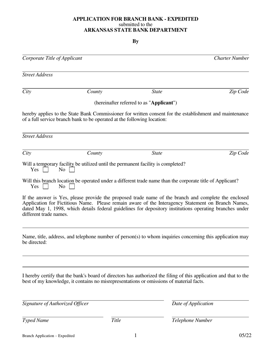 Arkansas Application for Branch Bank - Expedited Download Printable PDF ...