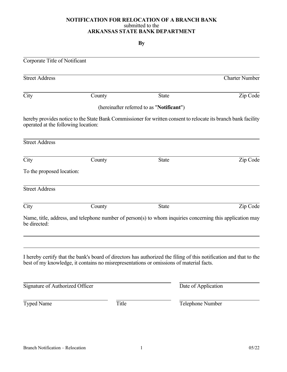Arkansas Notification for Relocation of a Branch Bank Download ...