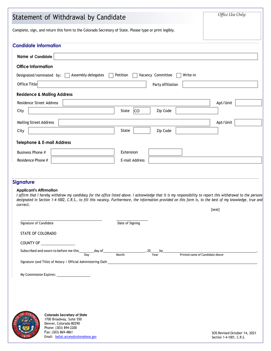 Colorado Statement of Withdrawal by Candidate Download Printable PDF ...