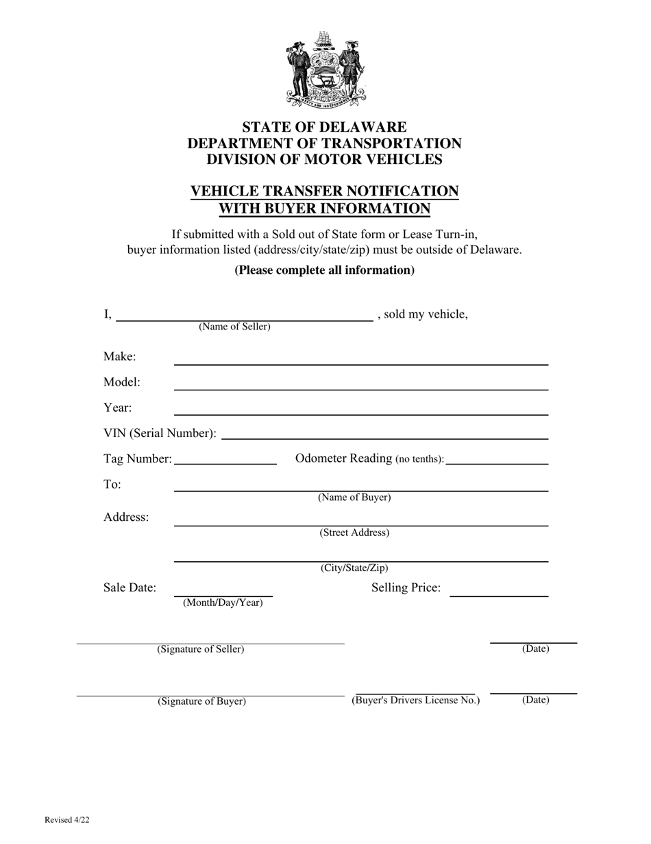 Delaware Vehicle Transfer Notification With Buyer Information Download ...