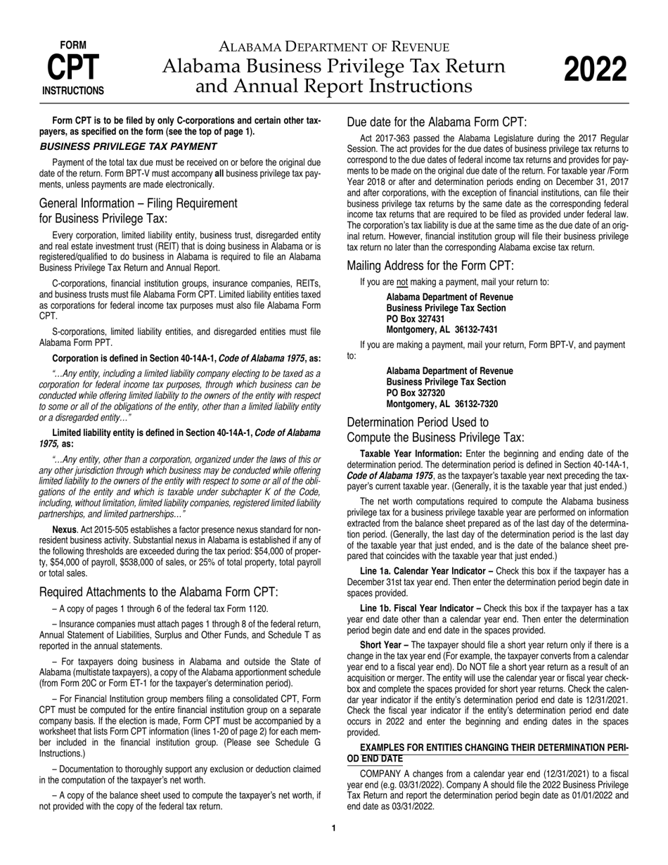 Download Instructions for Form CPT Alabama Business Privilege Tax ...