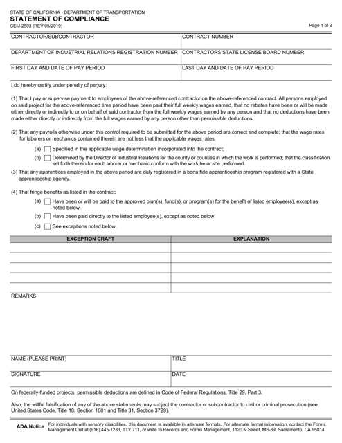 Form CEM-2503 Download Fillable PDF or Fill Online Statement of ...