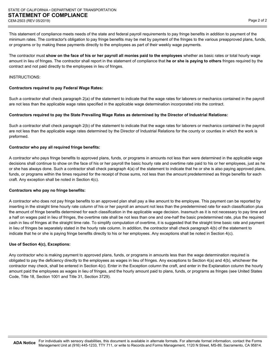 Form CEM-2503 Download Fillable PDF or Fill Online Statement of ...