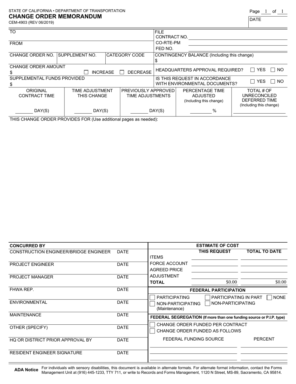 Form CEM-4903 Download Fillable PDF or Fill Online Change Order ...