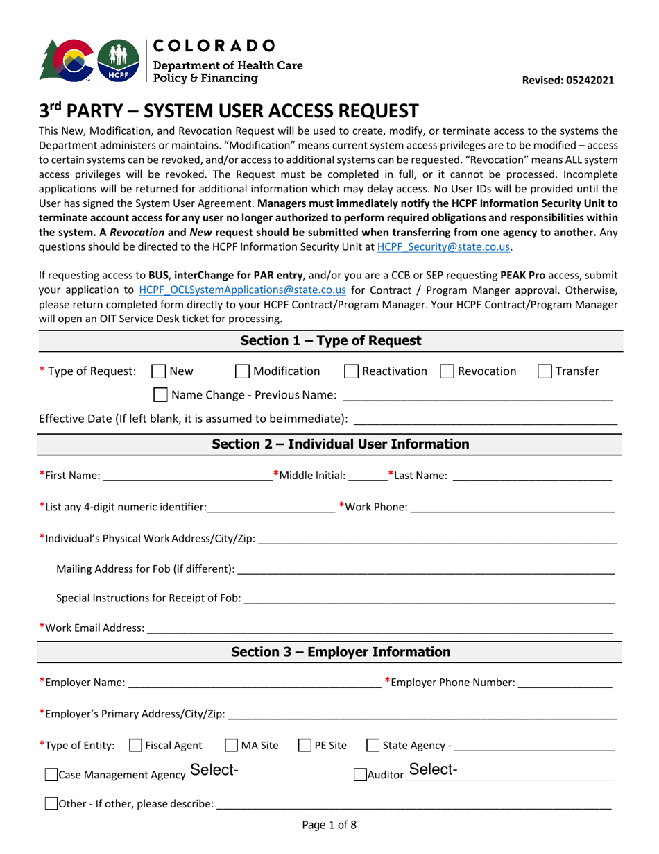 Colorado 3rd Party - System User Access Request - Fill Out, Sign Online ...