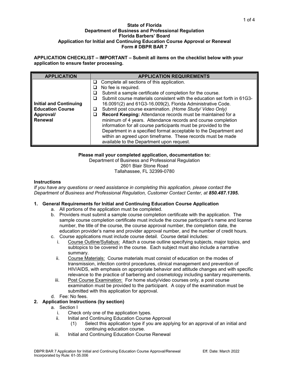 Form DBPR BAR7 Download Printable PDF or Fill Online Application for ...