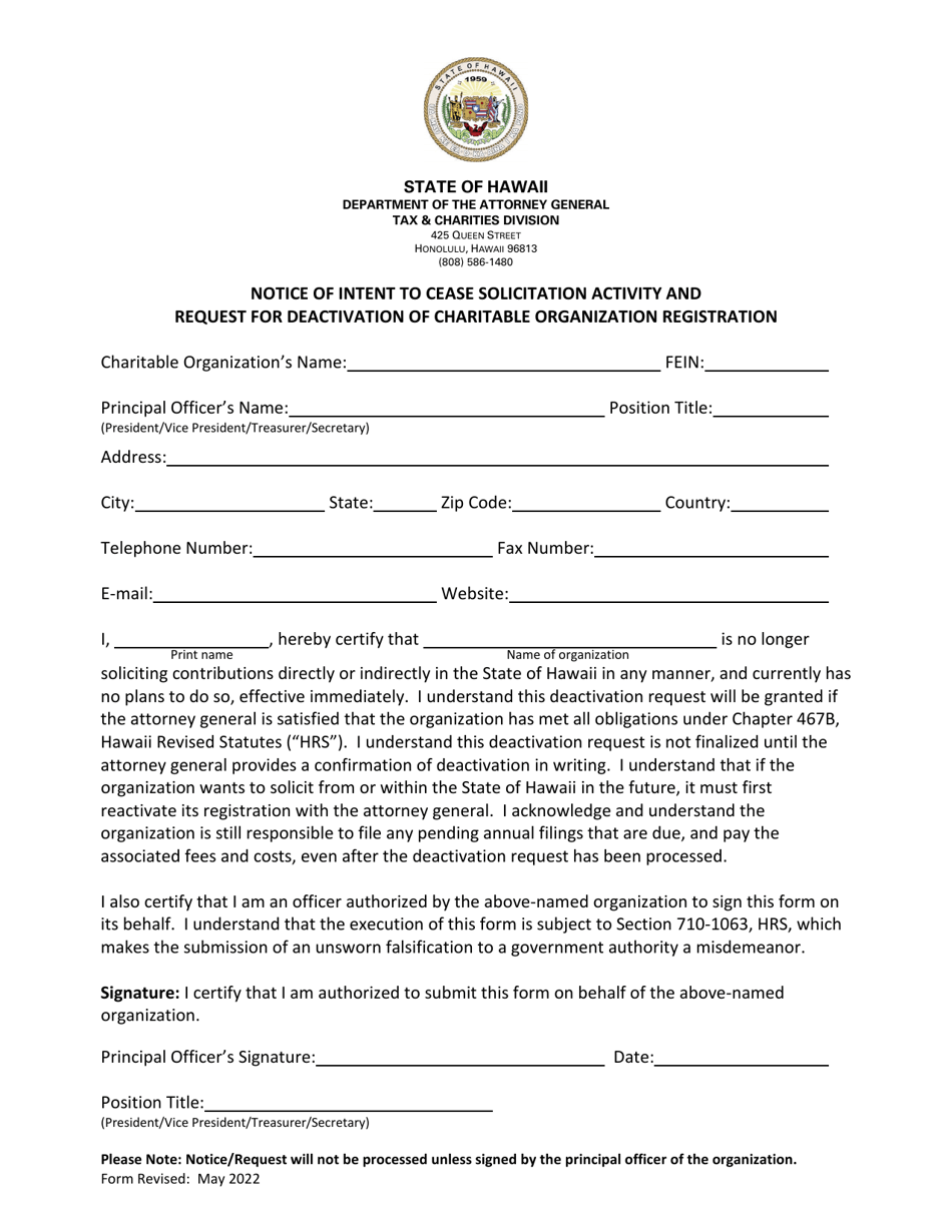 Hawaii Notice of Intent to Cease Solicitation Activity and Request for ...