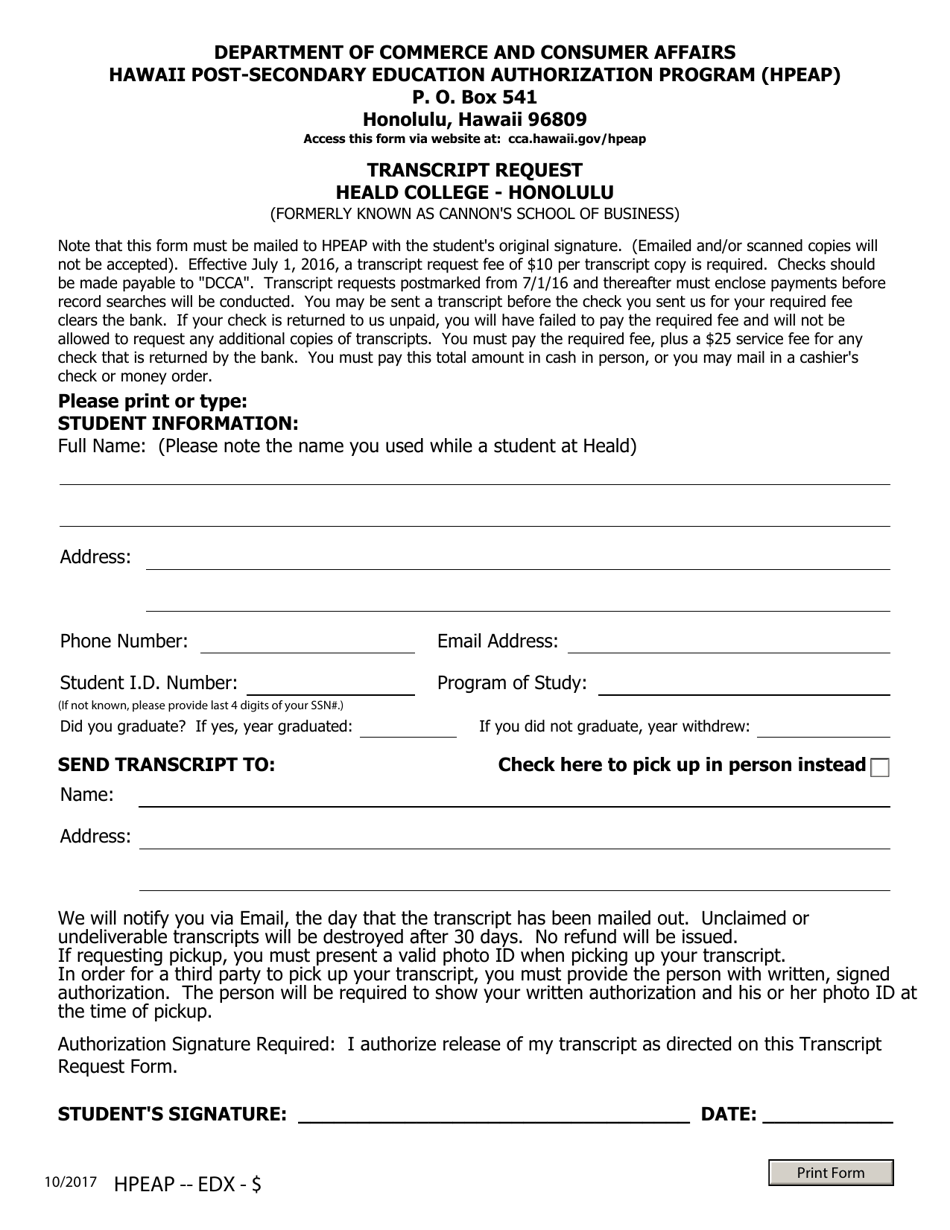 Honolulu, Hawaii Heald College Transcript Request - Fill Out, Sign ...