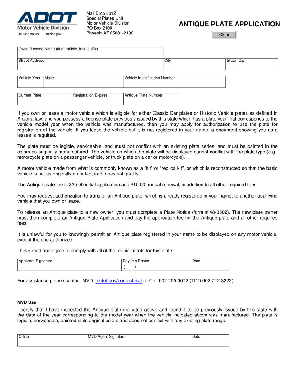 Form 40-9803 Download Fillable PDF or Fill Online Antique Plate ...