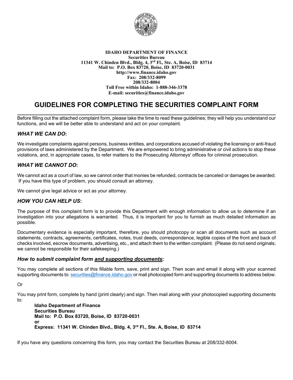 Idaho Securities Complaint Form - Fill Out, Sign Online and Download ...