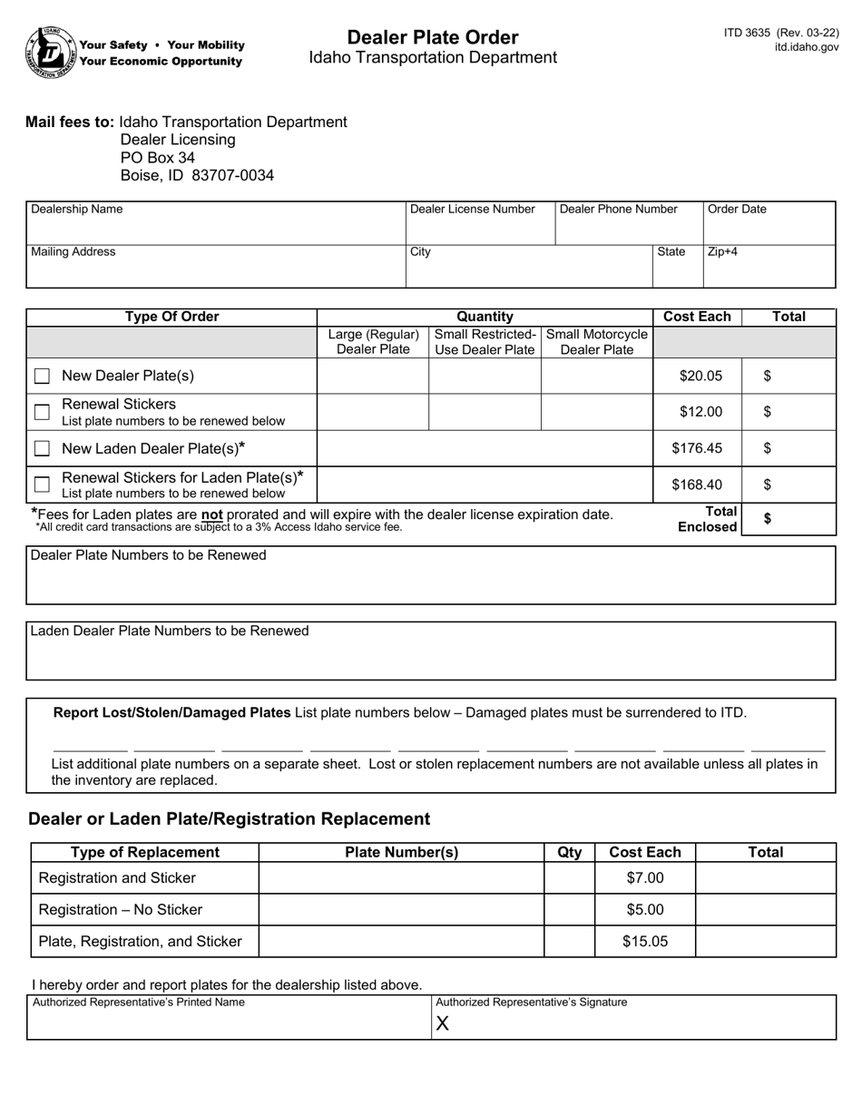 Form ITD3635 - Fill Out, Sign Online and Download Fillable PDF, Idaho ...
