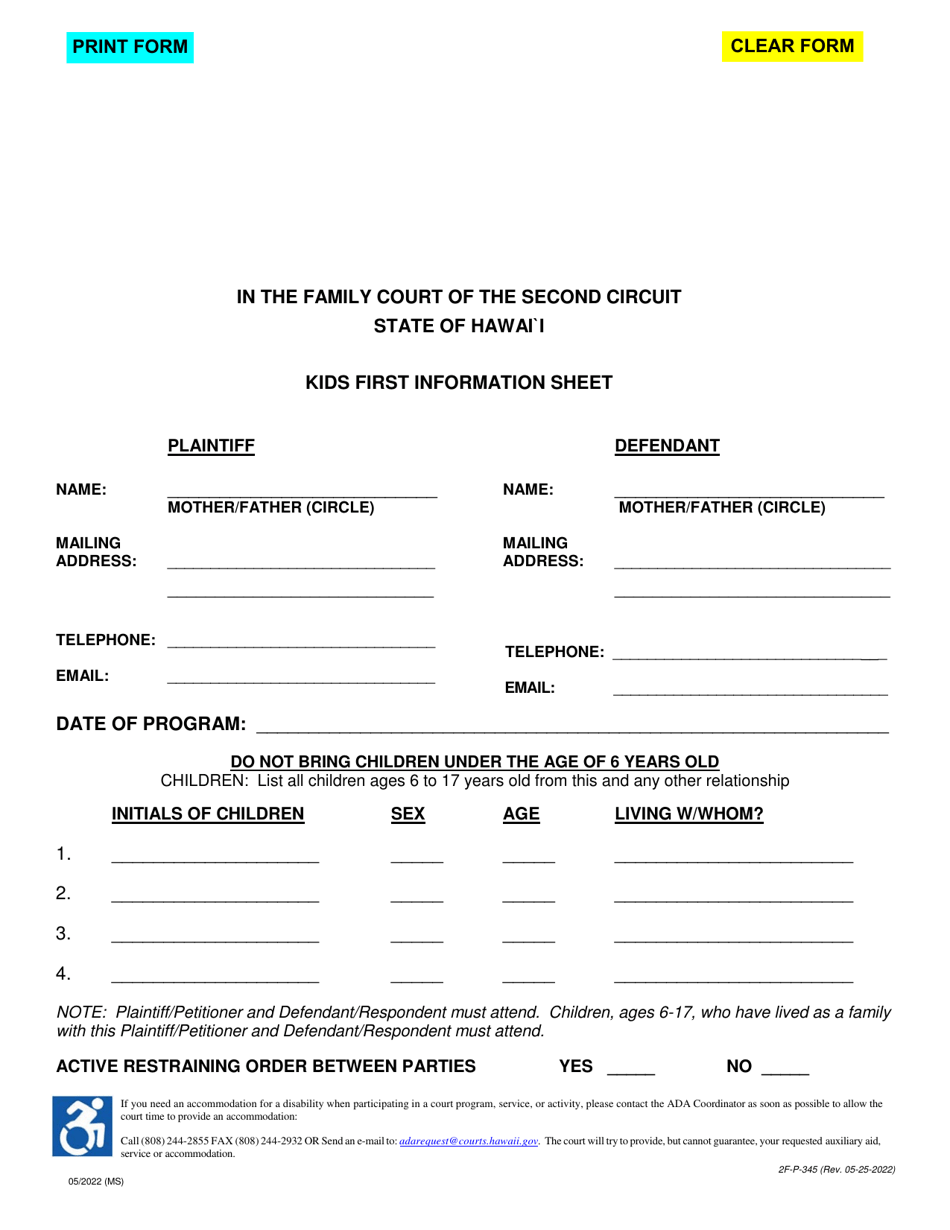Form 2F-P-345 Download Fillable PDF or Fill Online Kids First ...