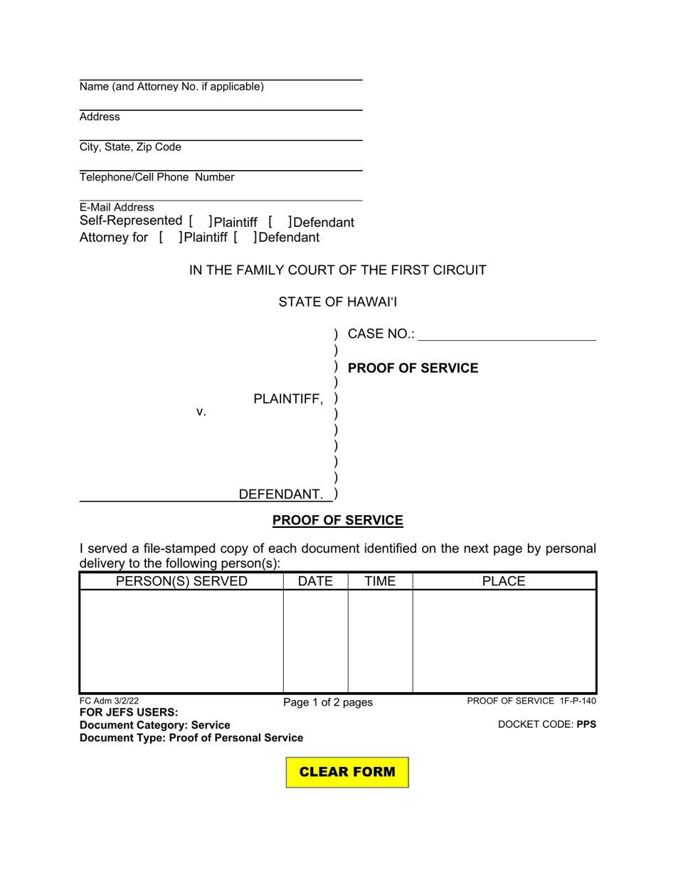 Form 1F-P-140 Download Fillable PDF or Fill Online Proof of Service, Hawaii 2018 — 2025 ...